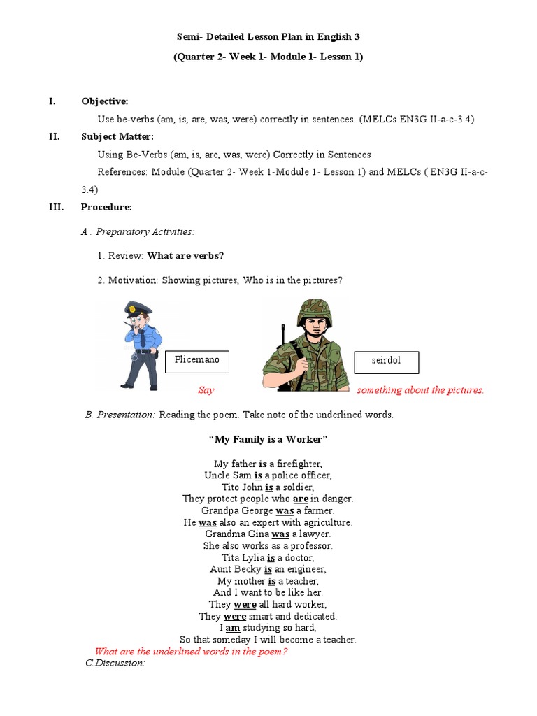 Be-Verbs Lesson Plan for English 3 | PDF | Subject (Grammar ...