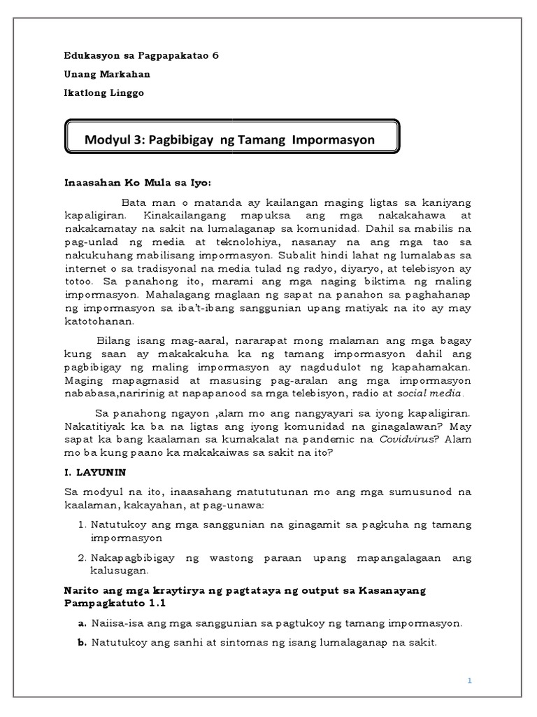 EsP-6 Q1 W3 Mod3 Pagbibigay-ng-Tamang-Impormasyon | PDF
