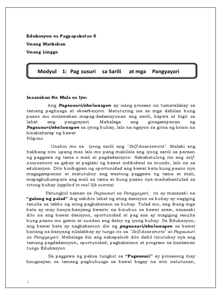 EsP 6 - Q1 - W1 - Mod1 - Pagsusuri Sa Sarili at Mga Pangyayari | PDF