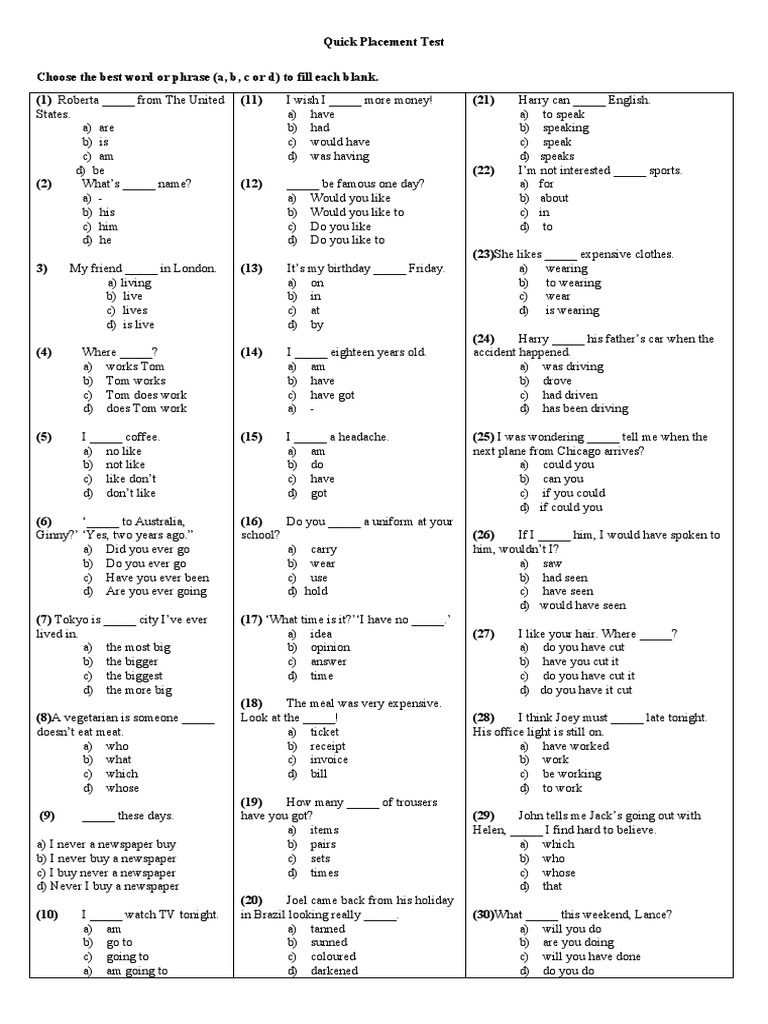 Quick Placement Test | PDF