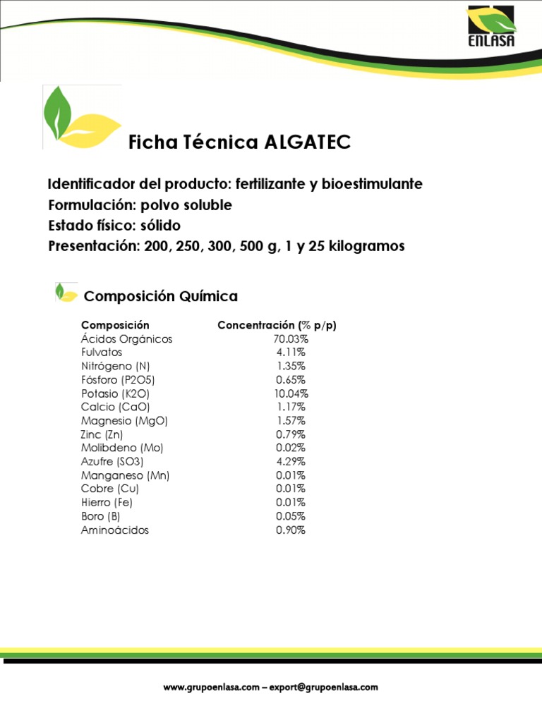 Ficha Técnica de ALGATEC: Fertilizante Orgánico | PDF | Fertilizante ...
