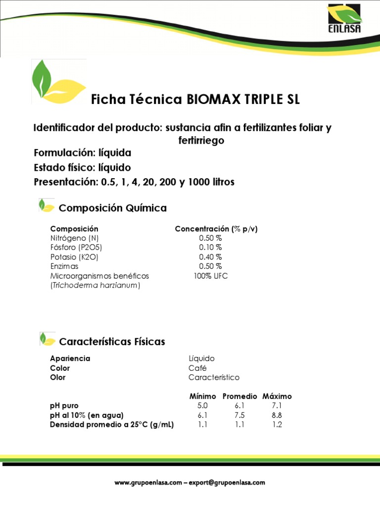 Ficha Técnica Biomax Triple SL, 2020 | PDF | Fertilizante | Química