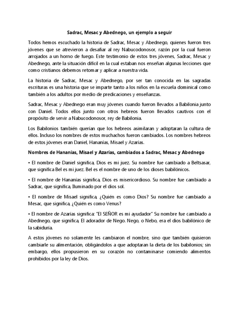 Sadrac, Mesac y Abednego, Un Ejemplo A Seguir | PDF | Daniel (figura ...