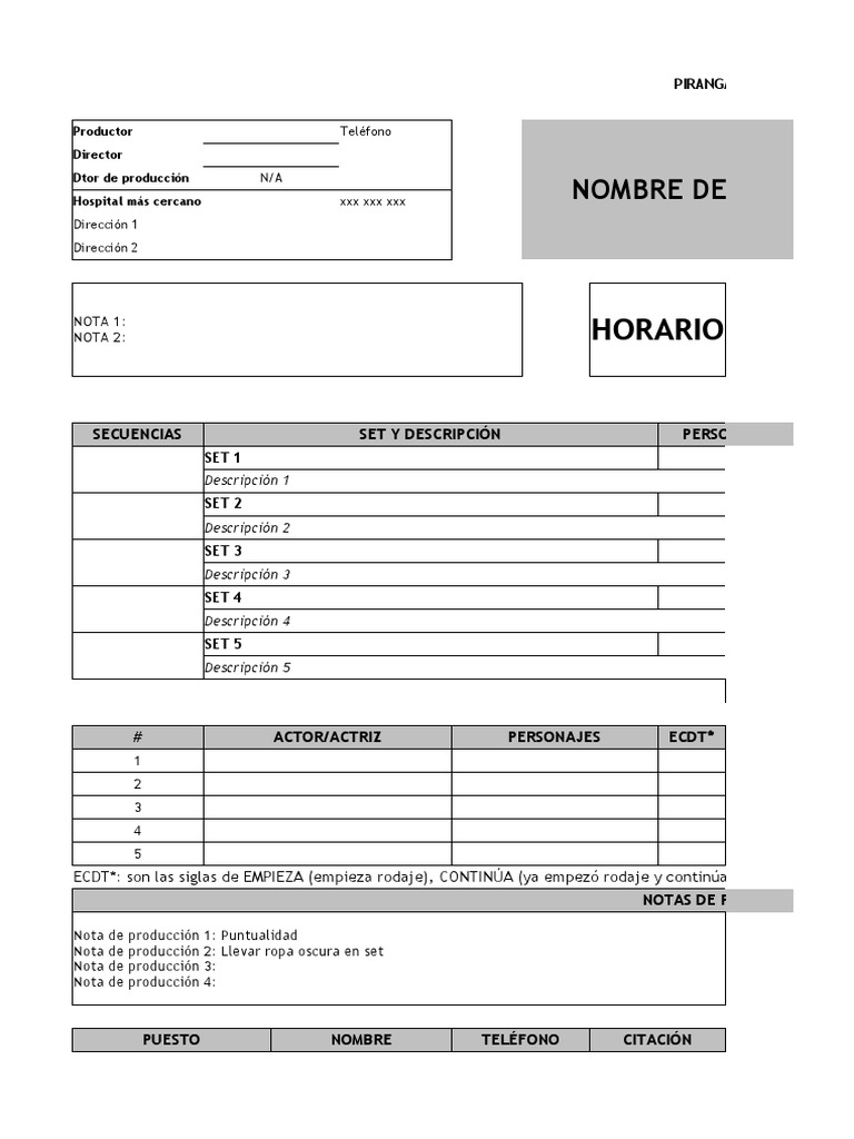 Plantilla Hoja de Llamado para Rodaje | PDF