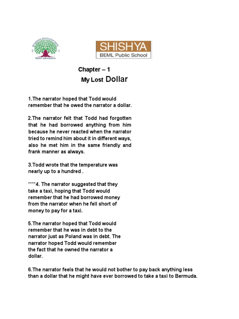 English - Grade VIII - My Lost Dollar - Chapter - 1 | PDF