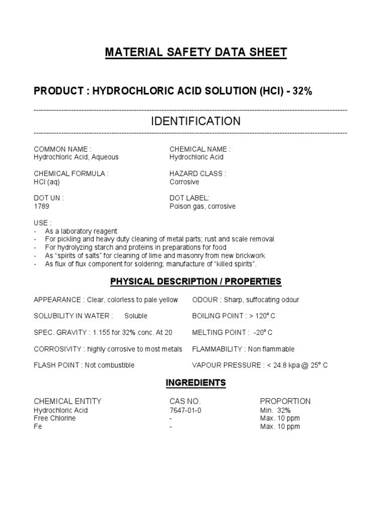 MSDS HCL 32% | PDF | Hydrochloric Acid | Polyvinyl Chloride