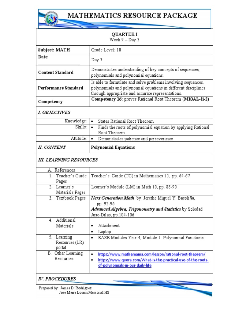 Math 10 DLP (Week 9 Day 3) | PDF | Factorization | Equations