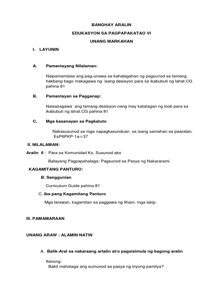 Esp 6 1st. Qtr. DLP Aralin 6 | PDF