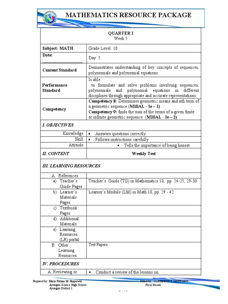 DLP Math 10 q1 Week 5 Day 5 | PDF | Learning | Mathematics