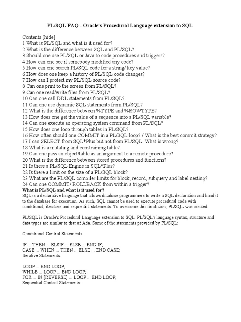 PL/SQL FAQ - Oracle's Procedural Language Extension To SQL: What Is PL/SQL and What Is It Used ...