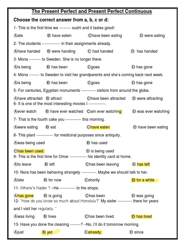 The Present Perfect and Present Perfect Continuous (Answers) | PDF