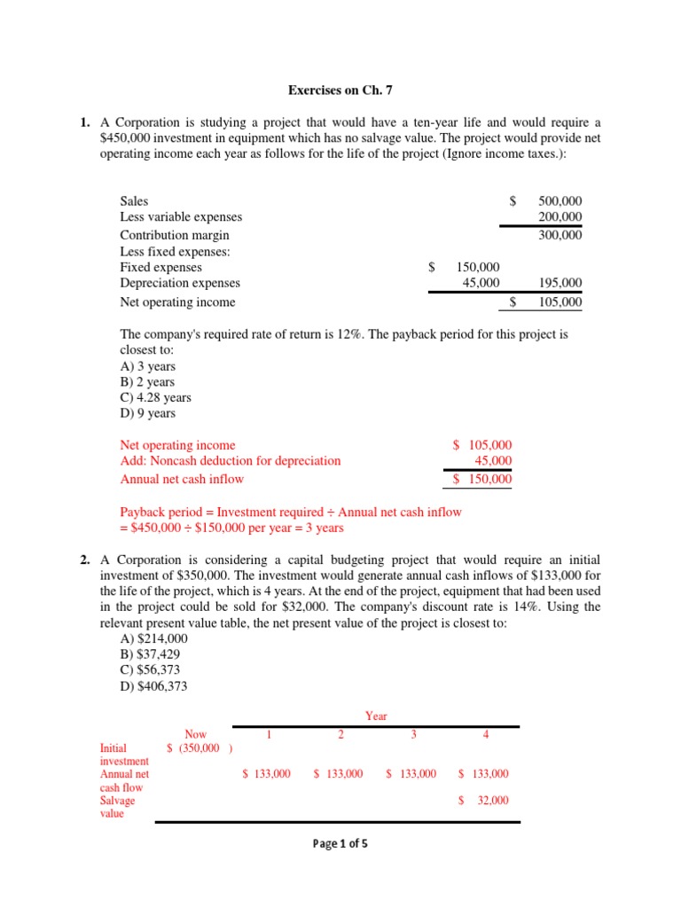Exercises Ch. 7 - Capital Budgeting - A | PDF | Net Present Value | Depreciation