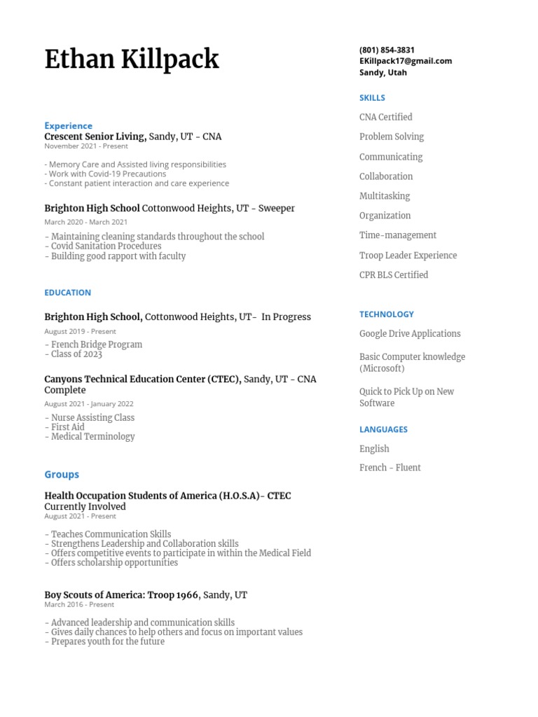 2022 Resume Ethan Killpack | PDF | Health Care | Health Sciences