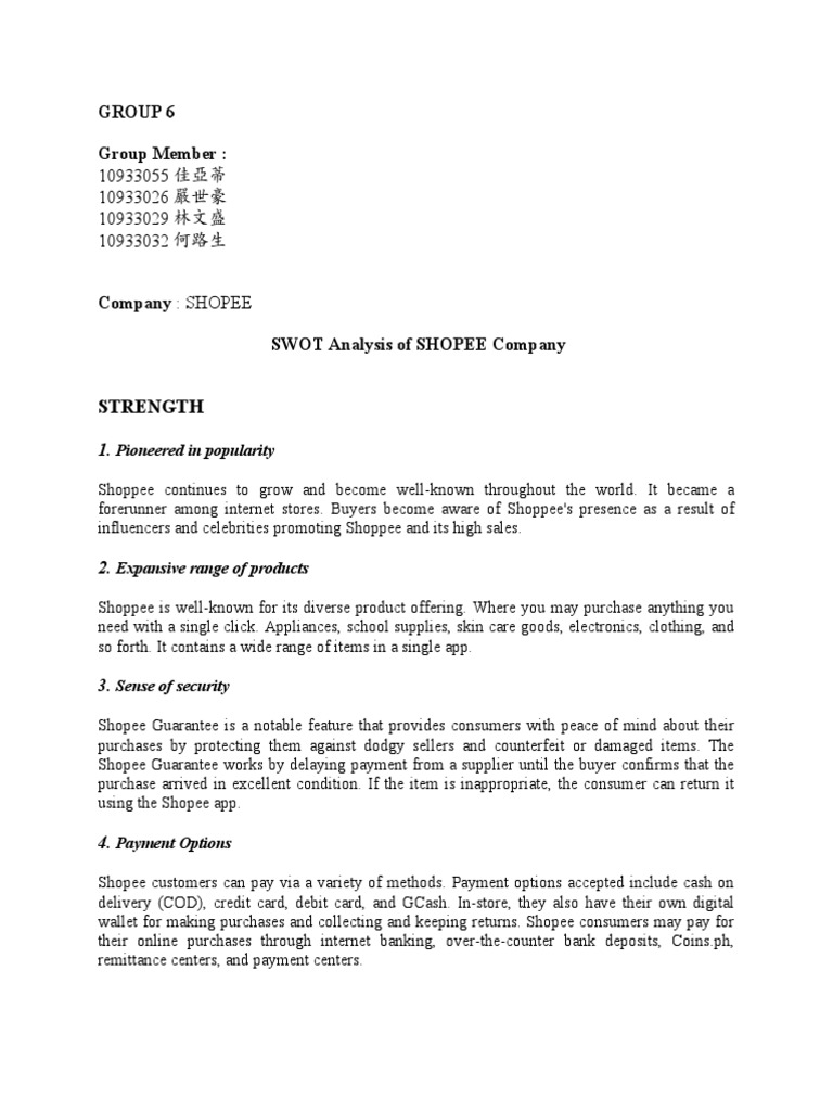 GROUP 6 SWOT Analysis of SHOPEE Company | Download Free PDF | Online ...