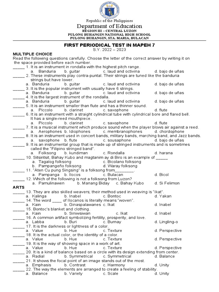 Grade 7 First Periodical Test in MAPEH | PDF | Musical Instruments ...