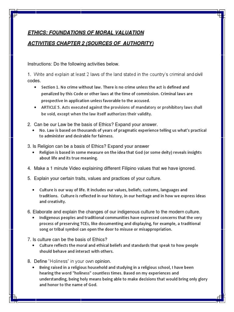 Ethics: Foundations of Moral Valuation Activities Chapter 2 (Sources of ...