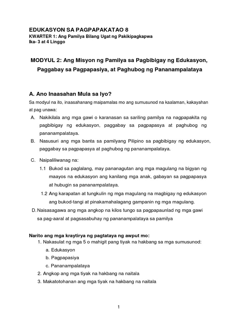 EsP 8 Q1 W3 W4 Mod2 Ang Misyon NG Pamilya Sa Pagbibigay NG Edukasyon | PDF