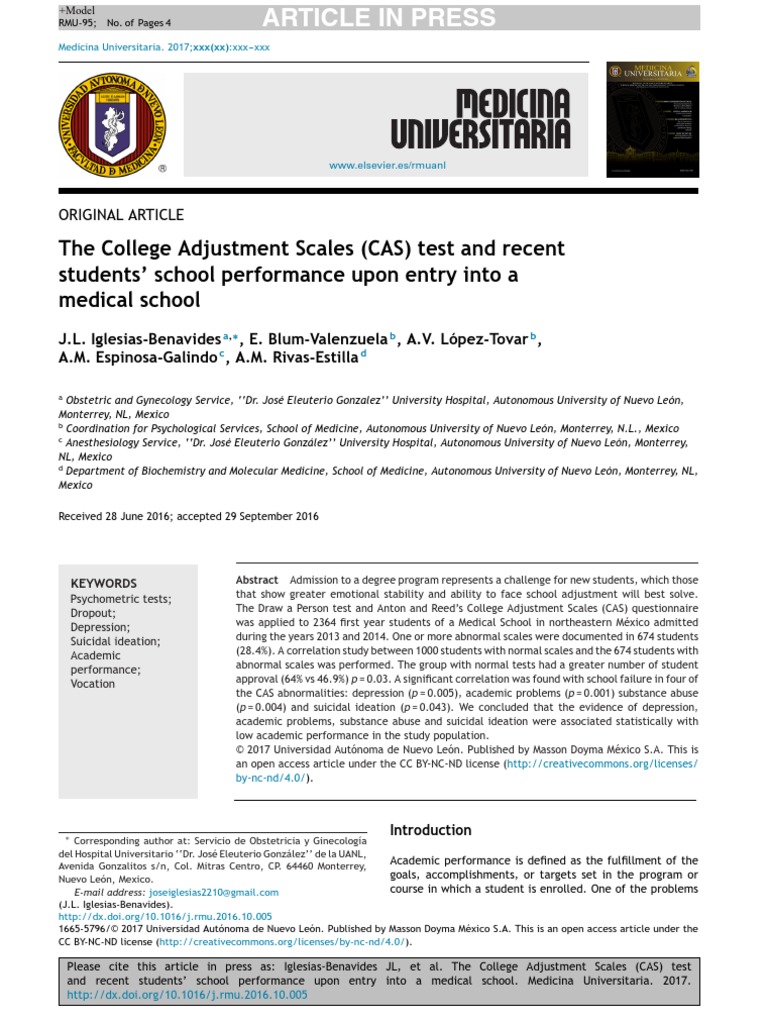 The College Adjustment Scales CAS Test and Recent | PDF | Substance ...