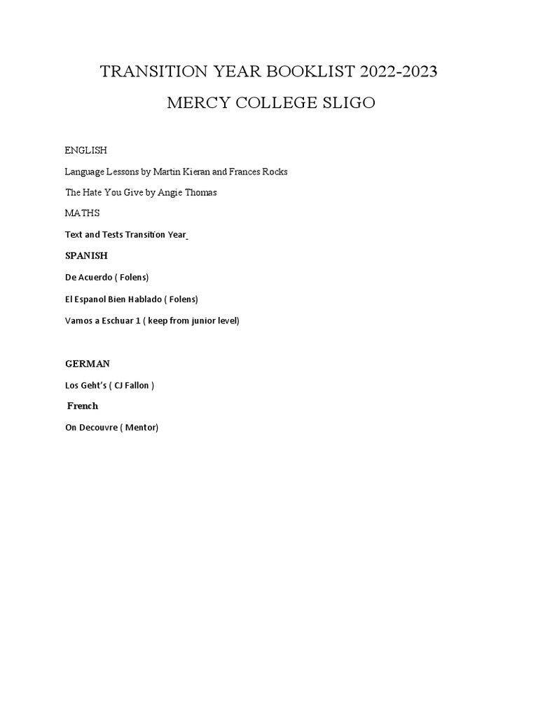Transition Year Booklist 2022 2023 | PDF