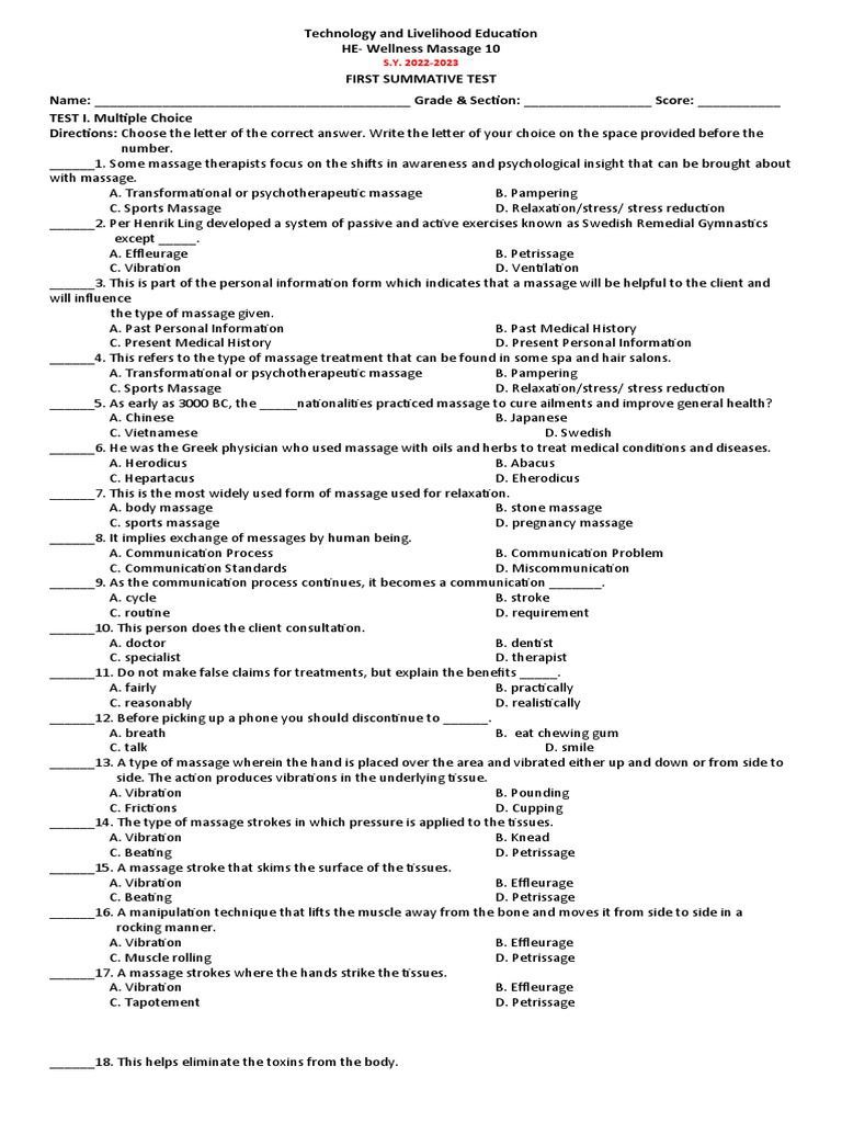 1st Summative Test 10th Grade | PDF | Massage | Psychotherapy