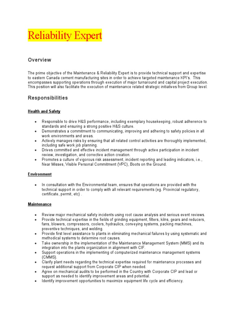Lafarge - Reliability Job | PDF | Reliability Engineering | Project ...