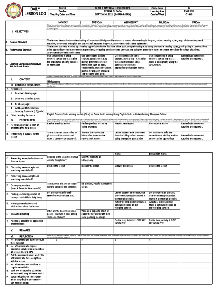 Dll-Q1-W5-Eng 8 | PDF | Learning | Teachers