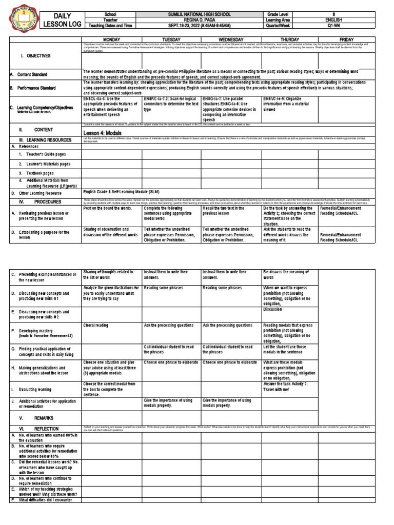 Dll-Q1-W4-Eng 8 | PDF | Learning | Teachers