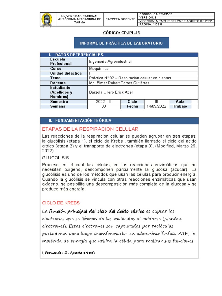 INFORME DE PRÁCTICA DE LABORATORIO - respiración celular 02 | PDF | Respiración celular ...