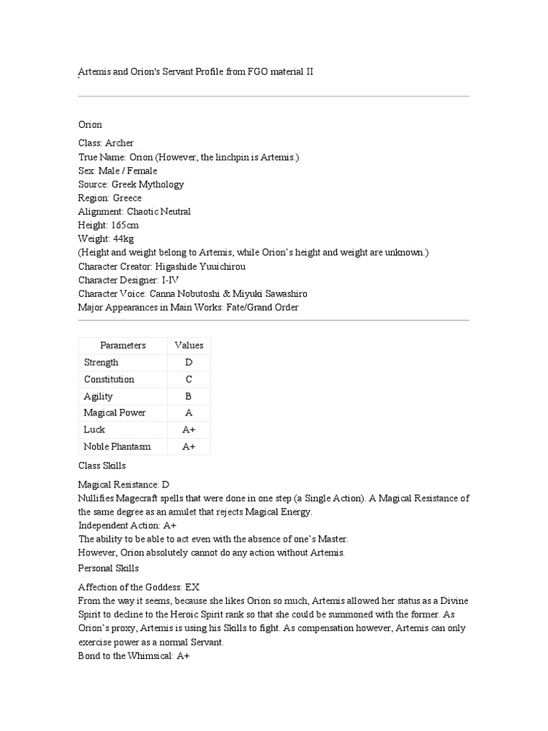 FGO: Artemis and Orion Profile | PDF | General Fiction