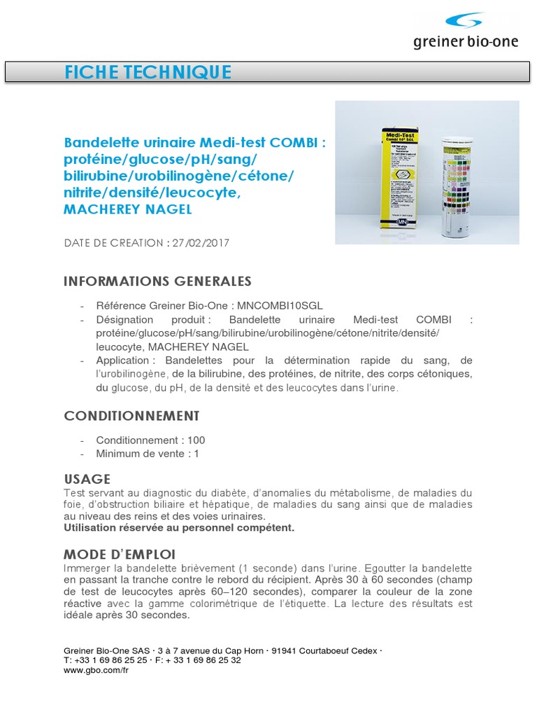 Fiche Technique Bandelette Urinaire COMBI | PDF | Urine | Ph