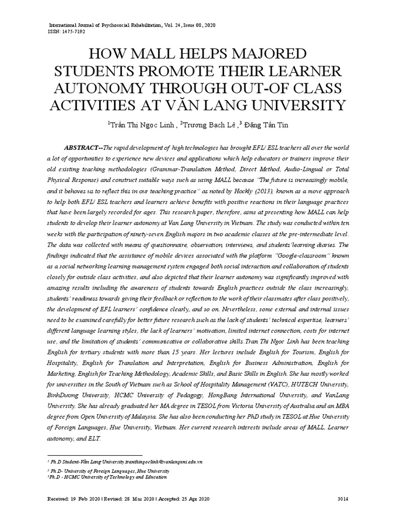 HOW MALL HELPS STUDENTS PROMOTE THEIR LEARNER AUTONOMY - Tran Thi Ngoc Linh | PDF | Learning ...