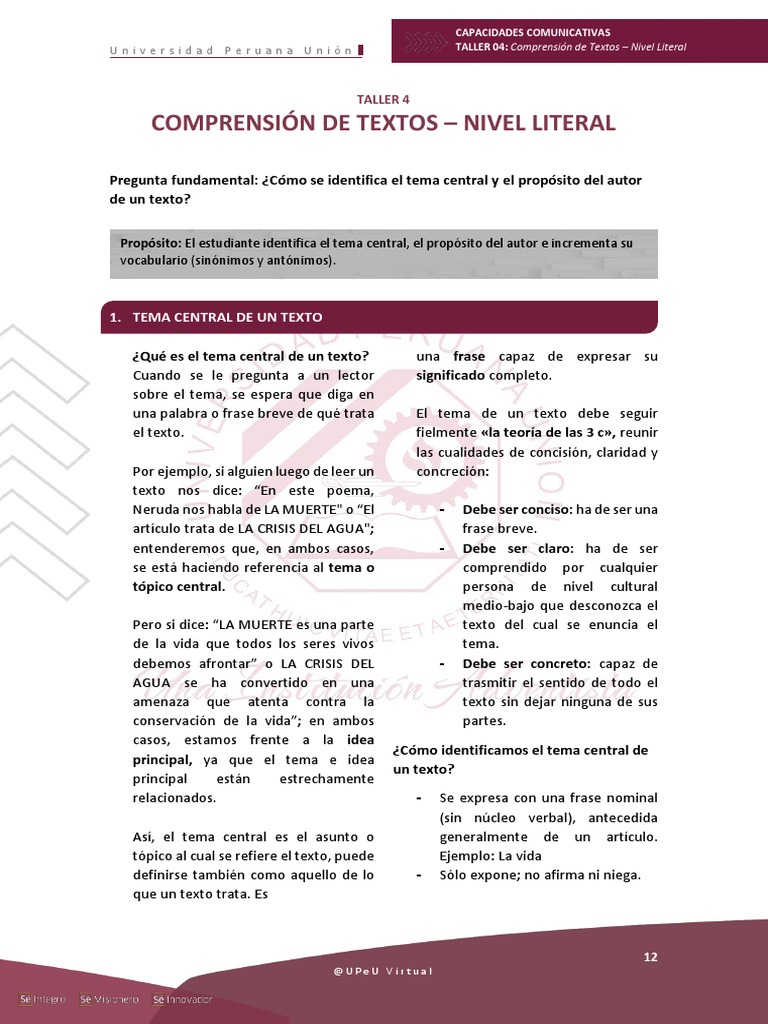 Comprensión de Textos - Nivel Literal: 1. Tema Central de Un Texto ...
