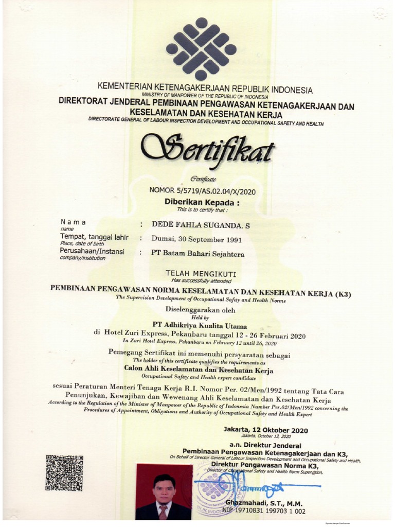 Sertifikat k3 Dede Fs | PDF