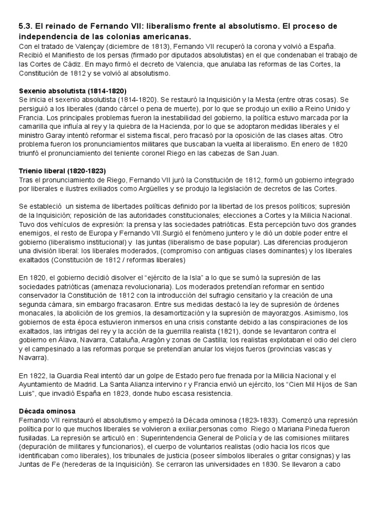 5.3. El Reinado de Fernando VII Liberalismo Frente A Absolutismo. El Proceso de Independencia de ...
