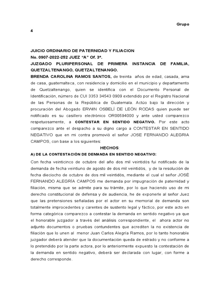 Contestacion de La Demanda Grupo#4 | PDF | Demanda judicial | Guatemala