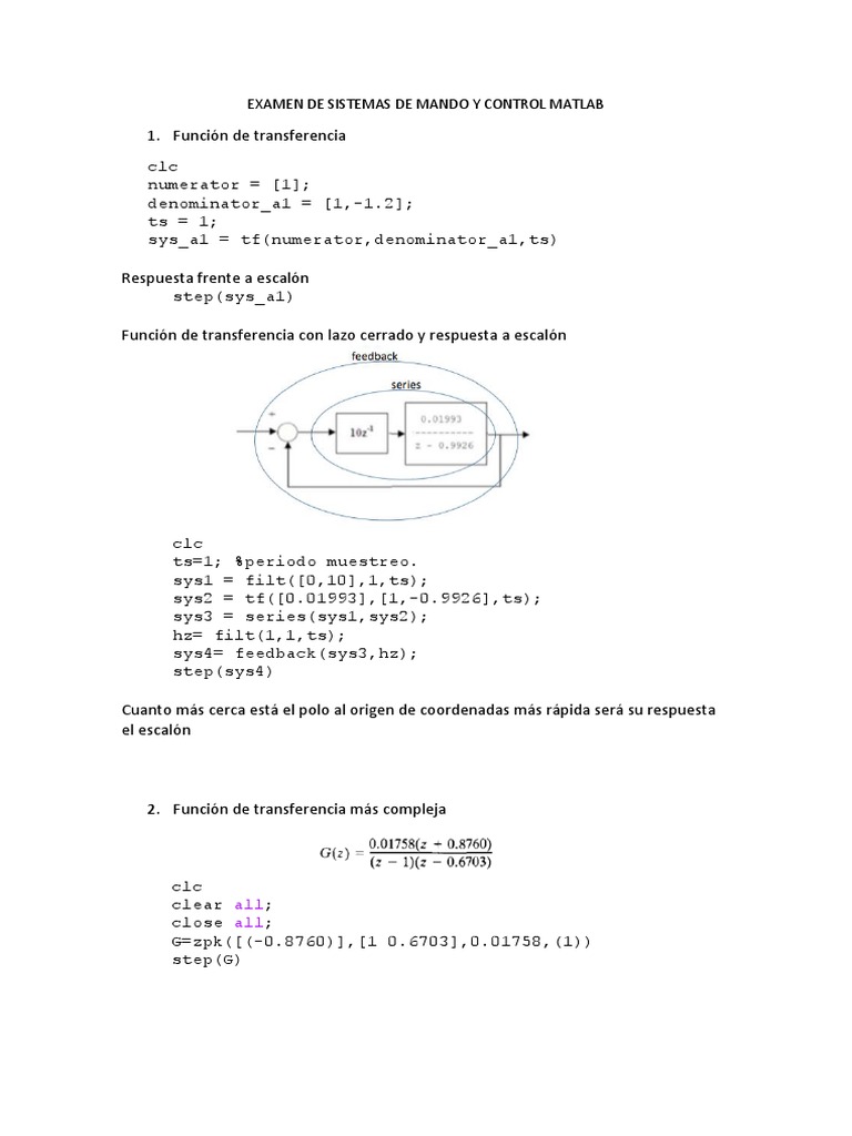 Examen de Sistemas de Mando y Control Matlab | PDF | Teoría de control ...