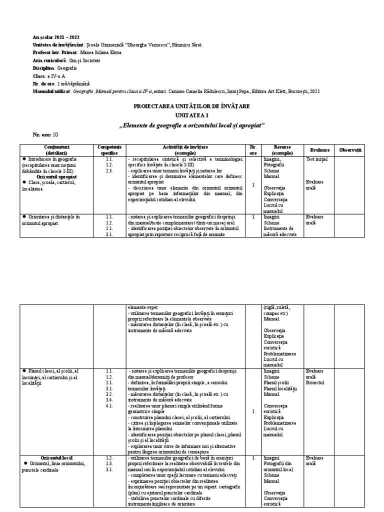 Geografie 4 2021 Unitati | PDF