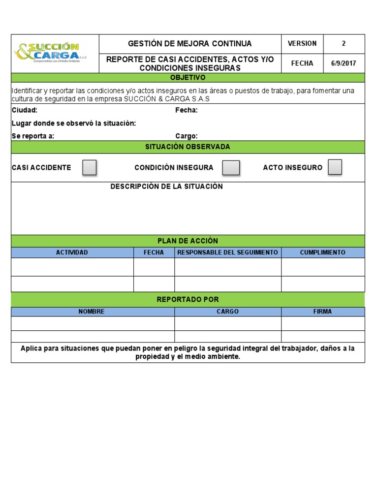 Formato para Reporte de Actos y Condiciones Inseguras | PDF