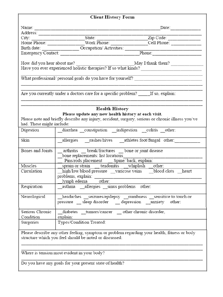 Reiki Client History Form | PDF