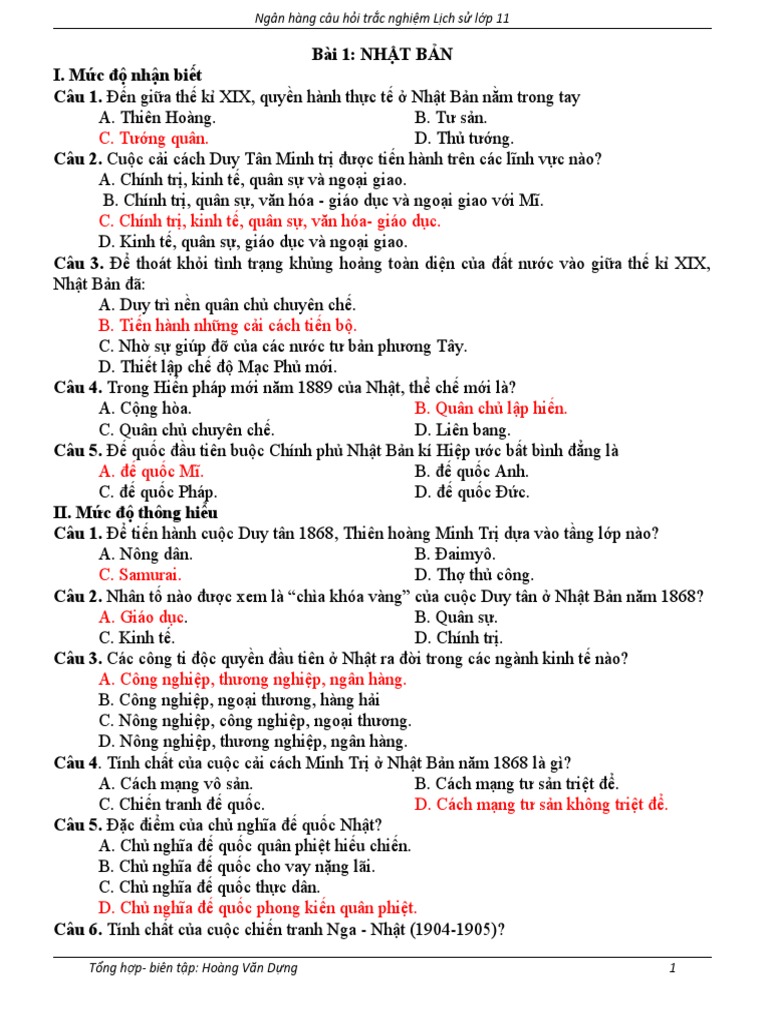 Ngan Hang Cau Hoi Trac Nghiem Lich Su 11 | PDF