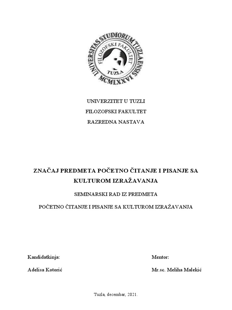 Seminarski Početno Čitanje I Pisanje | PDF