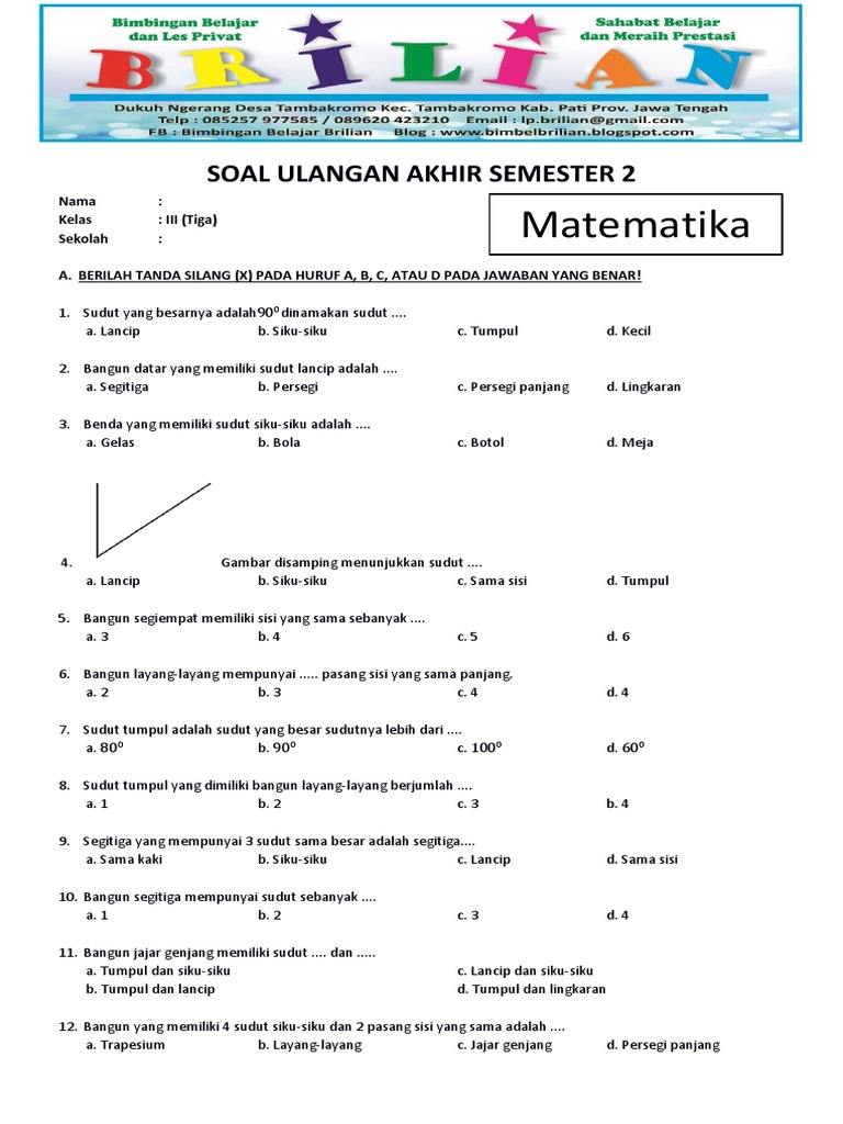 Soal UAS Matematika Kelas 3 SD Semseter 2 Dan Kunci Jawaban | PDF | Seni