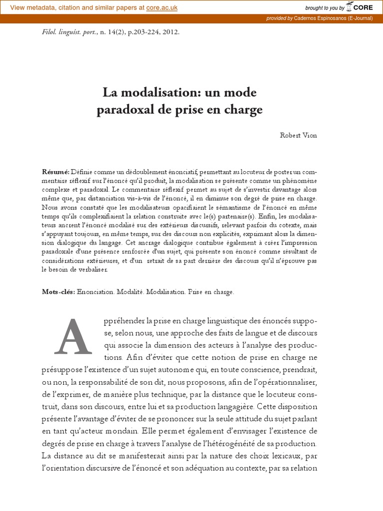 La Modalisation: Un Mode Paradoxal de Prise en Charge: Filol. Linguíst ...