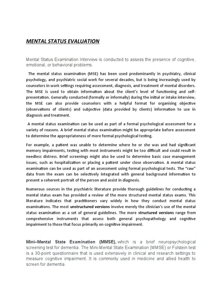 Mental Status Evaluation | PDF | Psychological Evaluation | Psychiatry