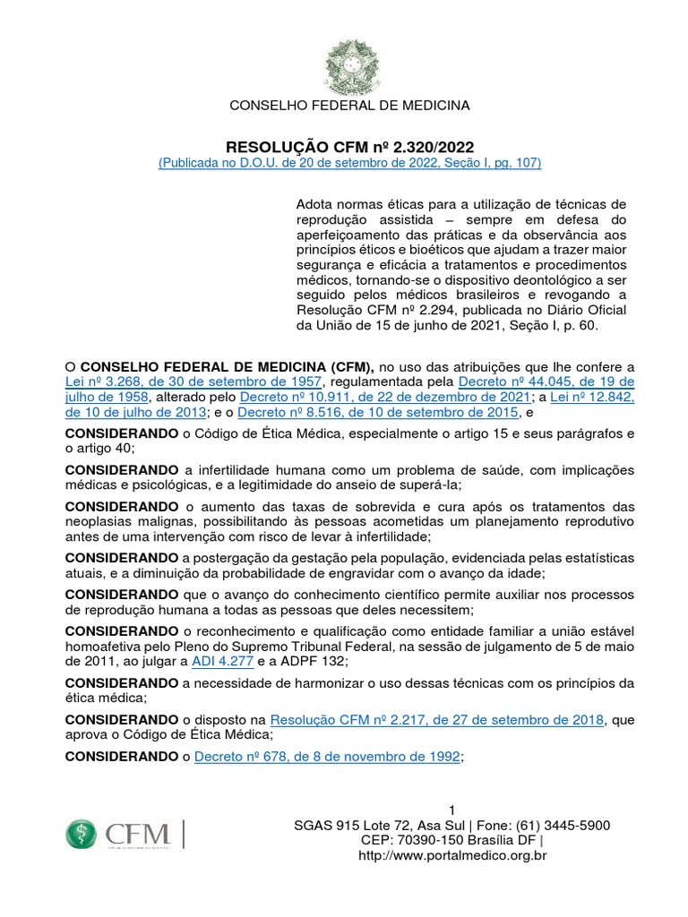 Resolução CFM 2320 - 2022 | PDF | Reprodução medicamente assistida ...
