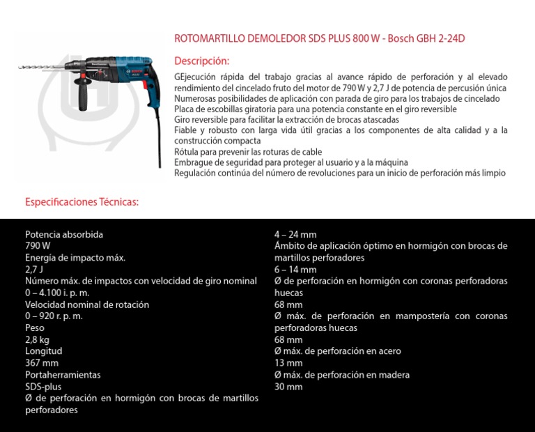 ROTOMARTILLO DEMOLEDOR SDS PLUS 800 W - Bosch GBH 2-24D | PDF | Tecnología e ingeniería
