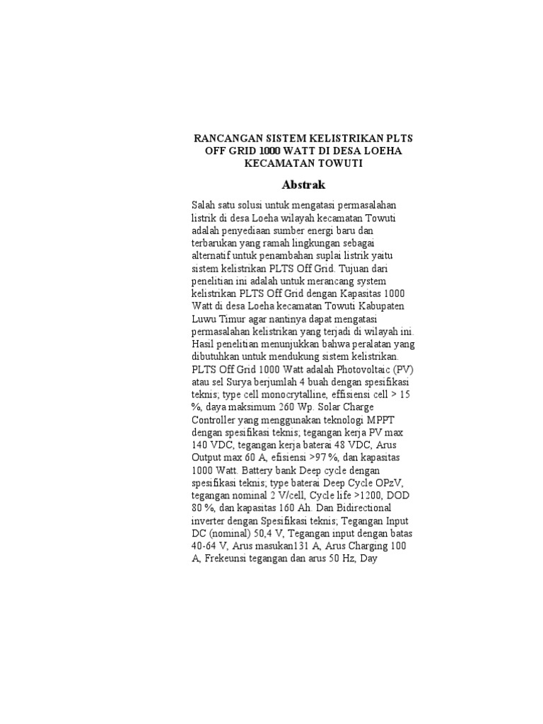 Rancangan Sistem Kelistrikan PLTS Off Grid 1000 Watt Di Desa Loeha ...