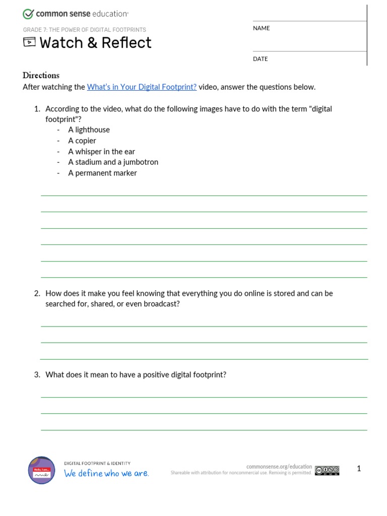 Grade 7 - The Power of Digital Footprints - Quick Activity Student ...
