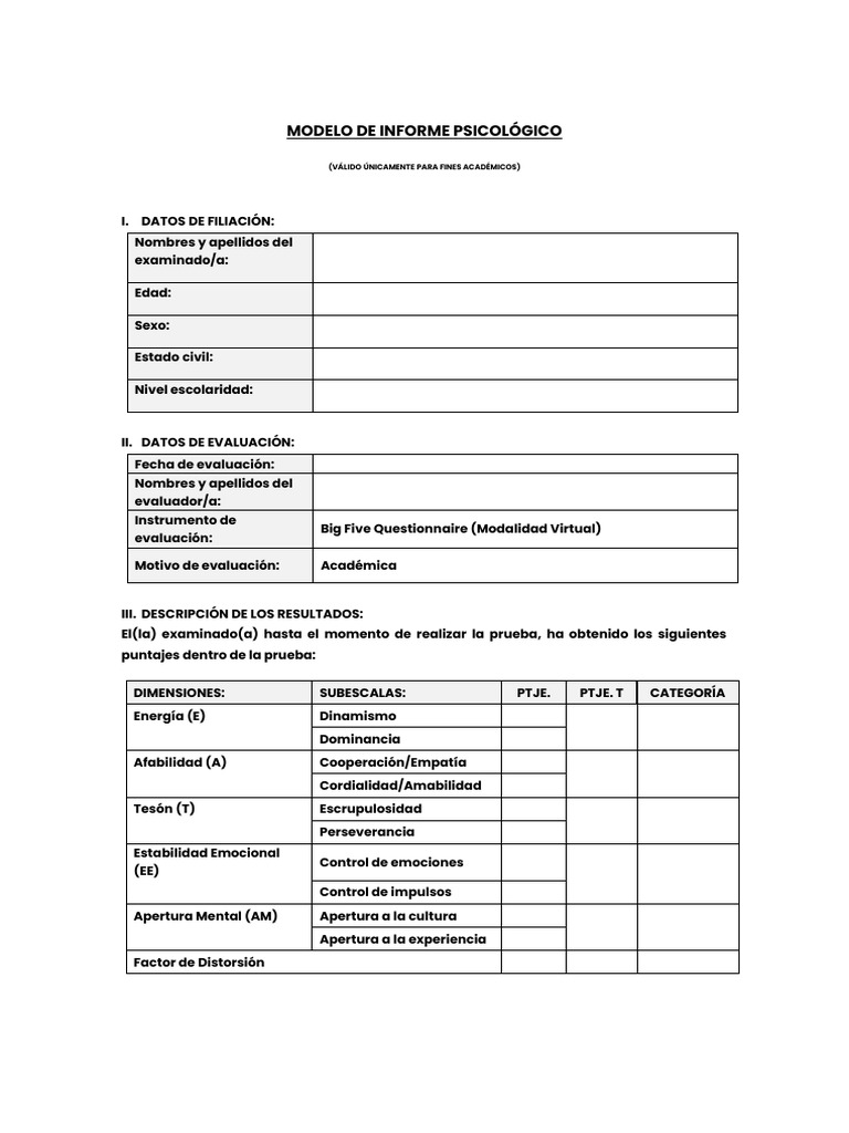 Modelo de Informe Psicológico | PDF