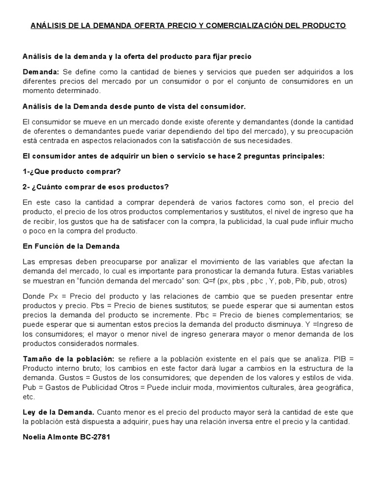 Análisis de La Demanda Oferta Precio y Comercialización Del Producto ...